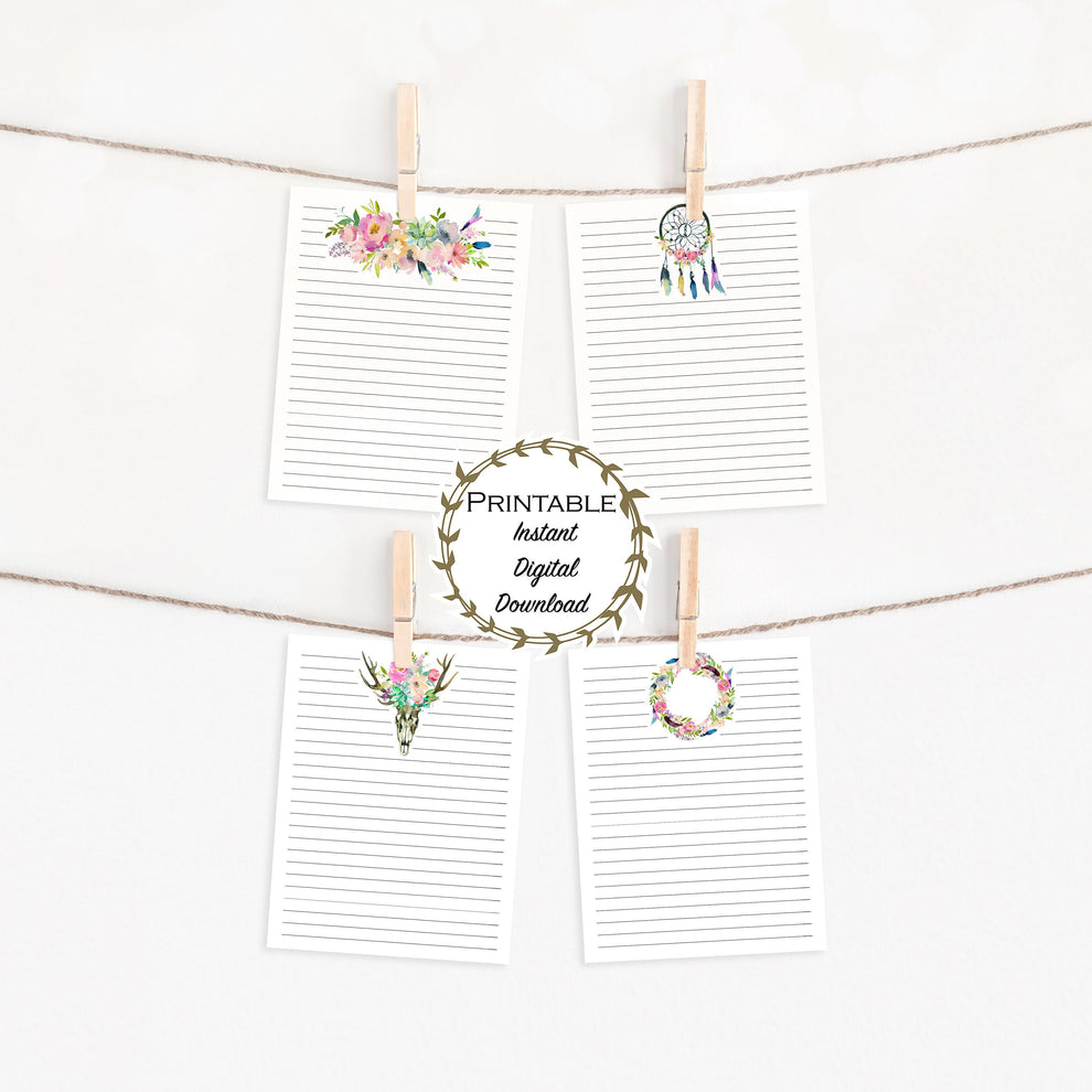 Boho Unlined & Lined Stationery Set - Florals, Skull, Dreamcatcher Pri ...